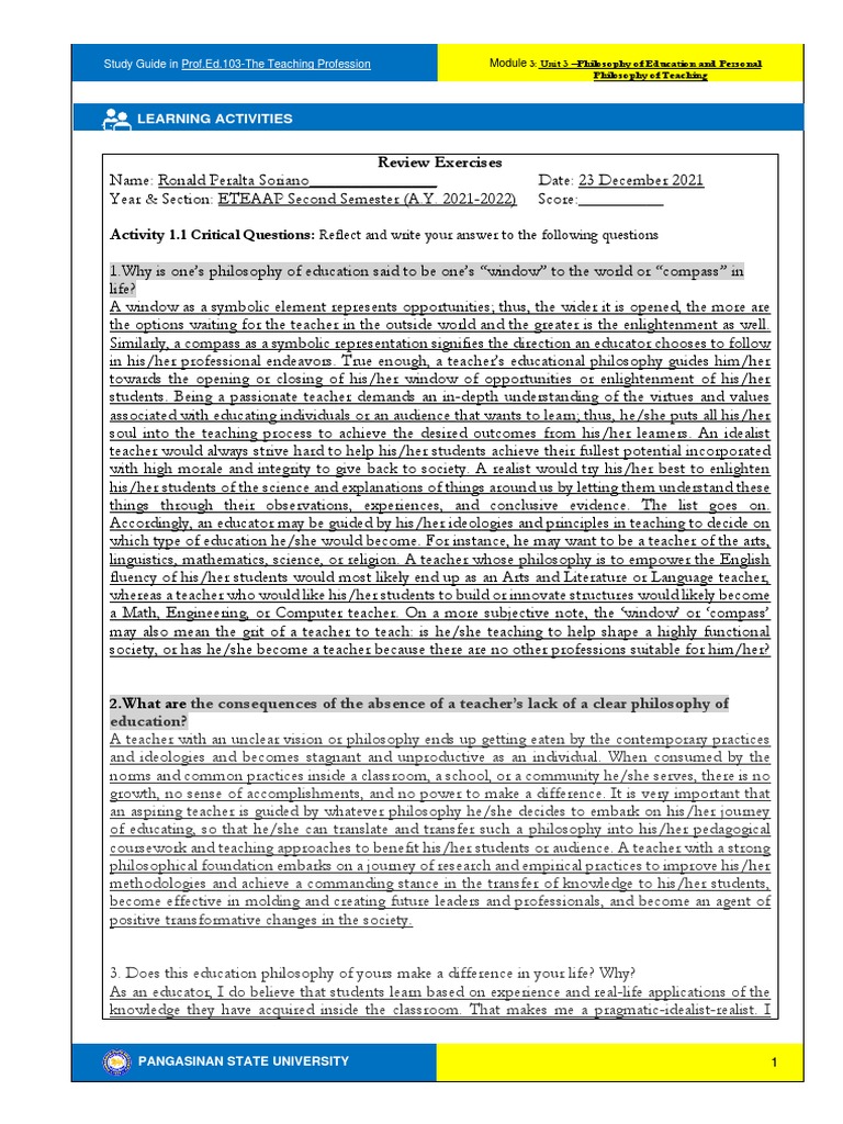 Module 3 Philosophy of Education and Personal Philosophy of Teaching ...