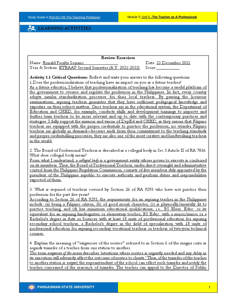 Learning Activities: Study Guide in Prof - Ed.103-The Teaching ...