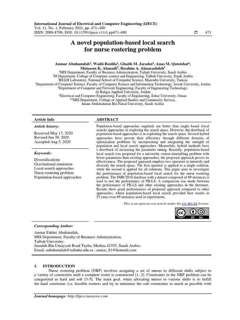 A Novel Population Based Local Search For Nurse Rostering Problem Pdf Metaheuristic