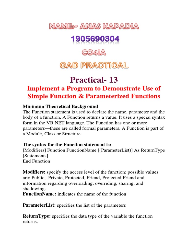 Practical 13 Implement A Program To Demonstrate Use Of Simple Function And Parameterized