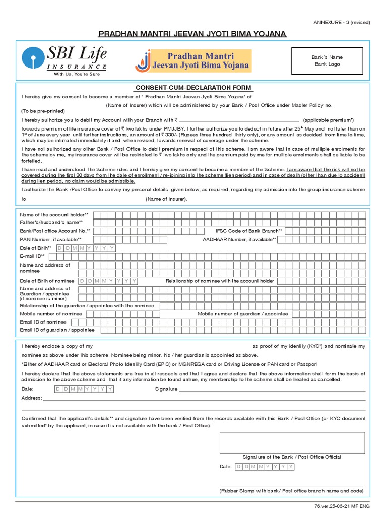 PMJJBY - Membership Form | PDF