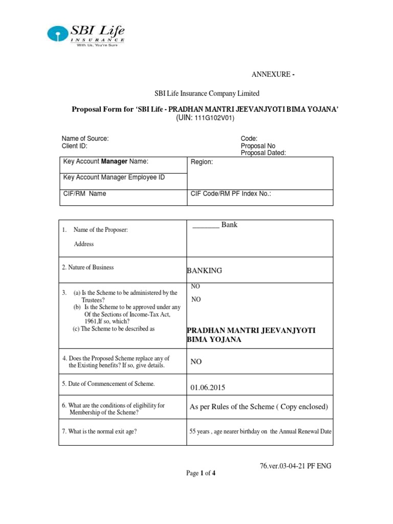 Master Proposal Form - PMJJBY | PDF | Insurance | Life Insurance
