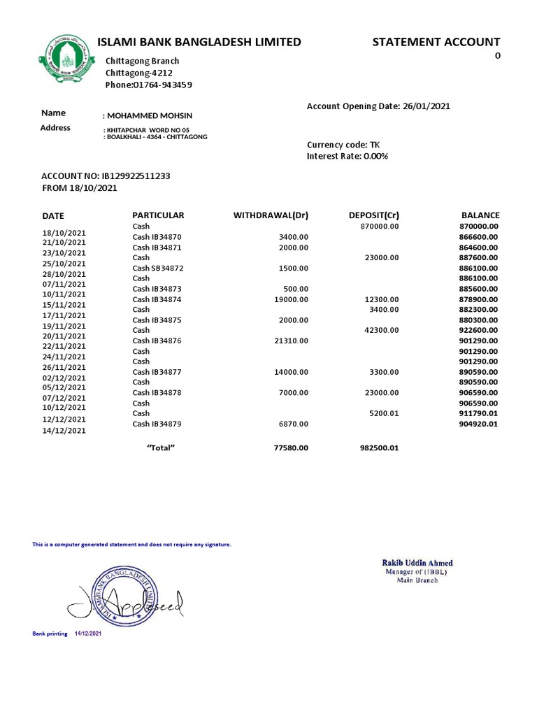 Statement Account Islami Bank Bangladesh Limited: 0 Chittagong Branch ...