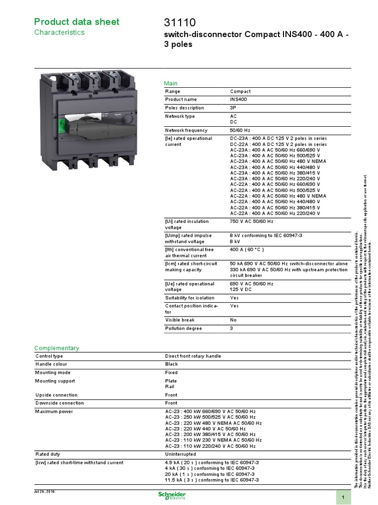 Product Data Sheet: Switch-Disconnector Compact INS400 - 400 A - 3 ...