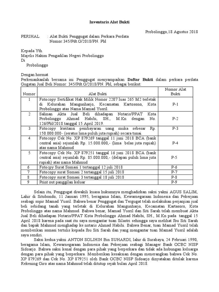 Contoh Inventaris Alat Bukti | PDF