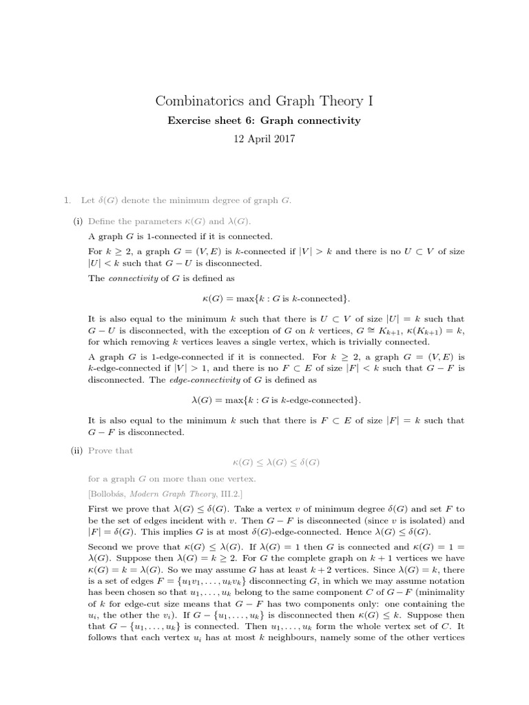 Combinatorics and Graph Theory I: Exercise Sheet 6: Graph Connectivity 12 April 2017 | PDF ...