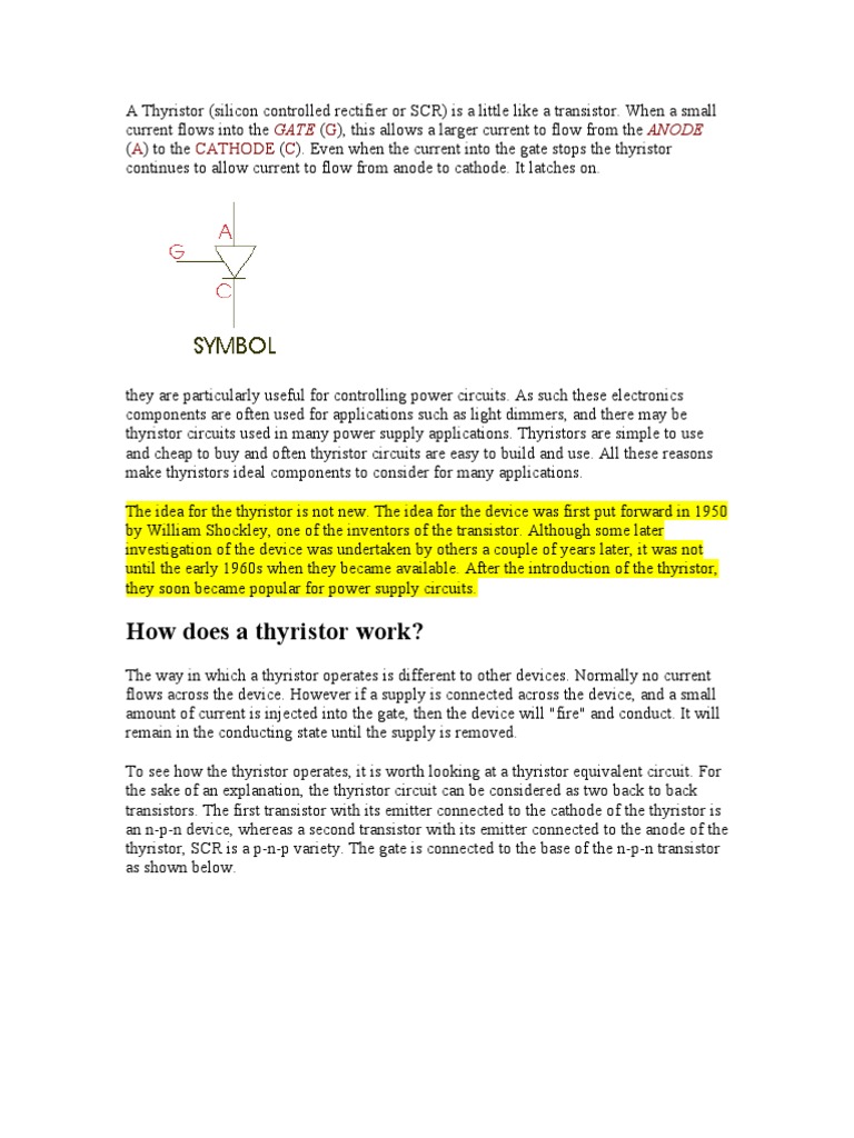 How Does A Thyristor Work G A Cathode C Download Free Pdf Switch