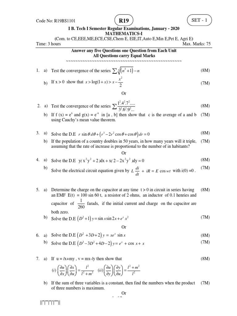 Mathematics I R19 Jan 2020 Pdf Electrical Network Physical Quantities