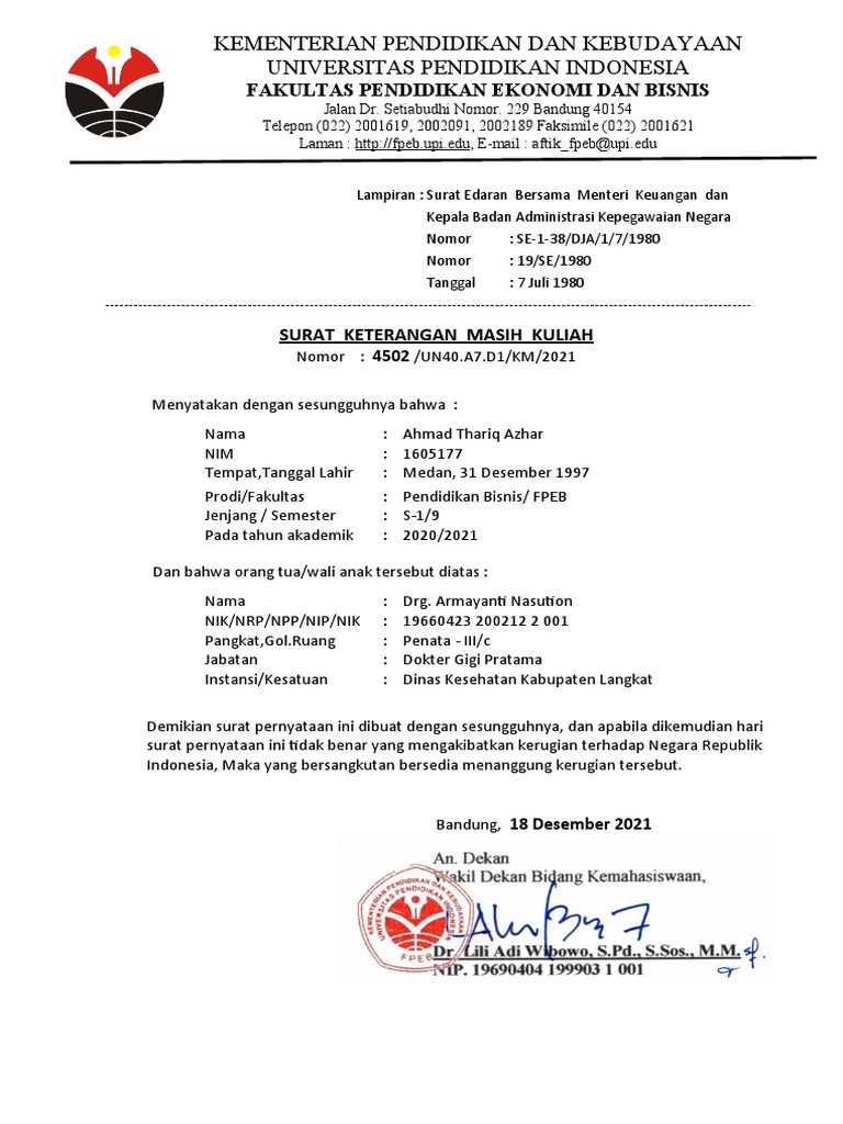 Surat Ket. Aktif Kuliah Utk Tunjangan Anak | PDF
