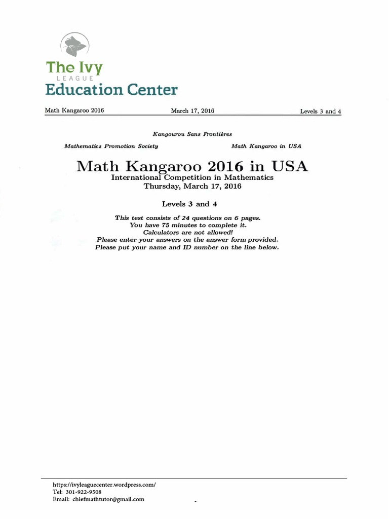 2016 Math Kangaroo Level 3 and 4 Questions | PDF | Triangle | Mathematics