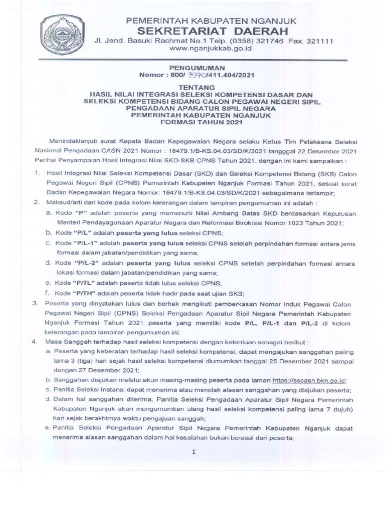 Pengumuman Hasil Integrasi SKD SKB Cpns 2021 | PDF