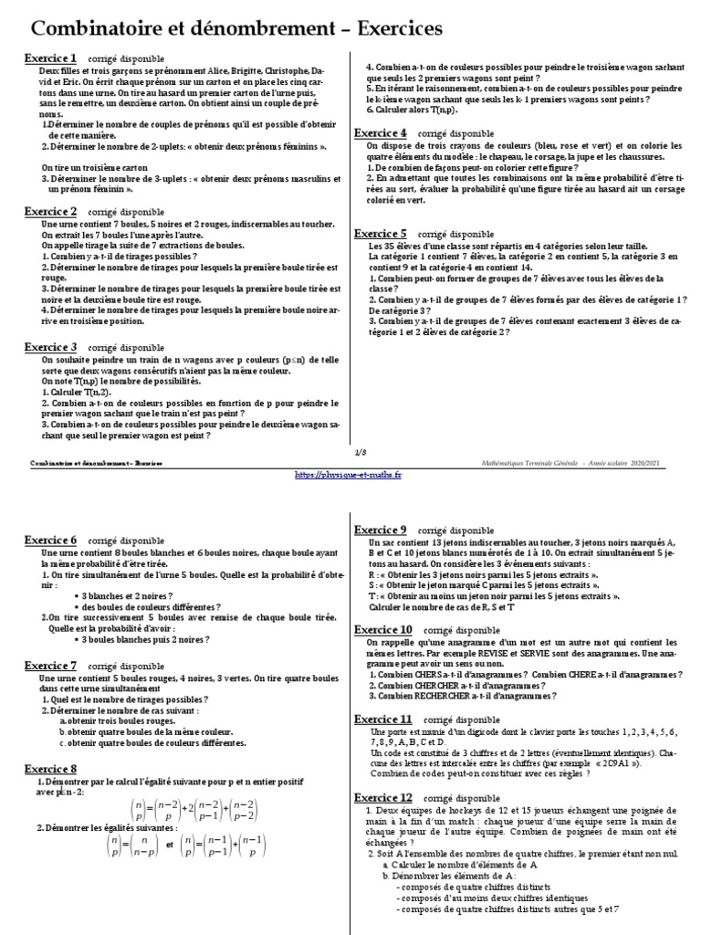 Exercices de Combinatoire et Dénombrement | PDF | Combinatoire ...