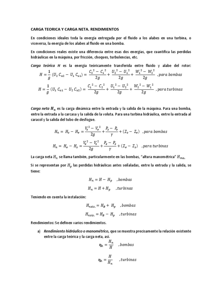 Carga Teorica y Carga Neta. Rendimientos | PDF | Turbina | Bomba