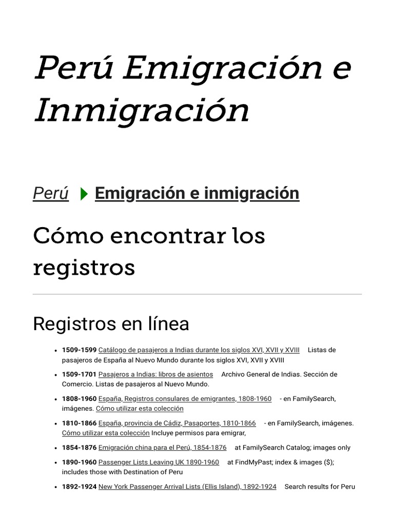 Perú Emigración e Inmigración - FamilySearch | PDF