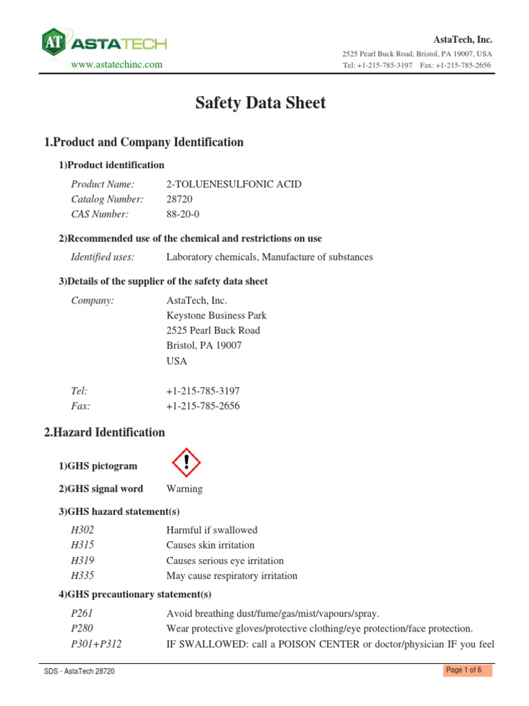 Safety Data Sheet for 2-TOLUENESULFONIC ACID | PDF | Dangerous Goods | Firefighting