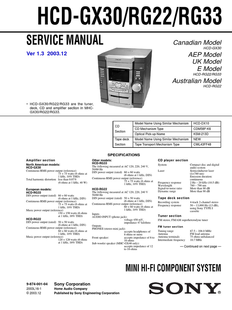 Service Manual: HCD-GX30/RG22/RG33 | PDF | Frequency Modulation | Electronics