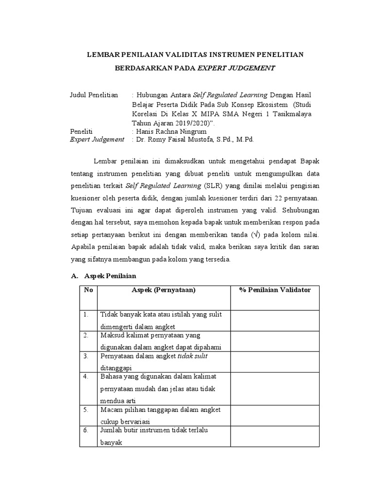 LP VALIDITAS INSTRUMEN SLR Hanis R.N | PDF