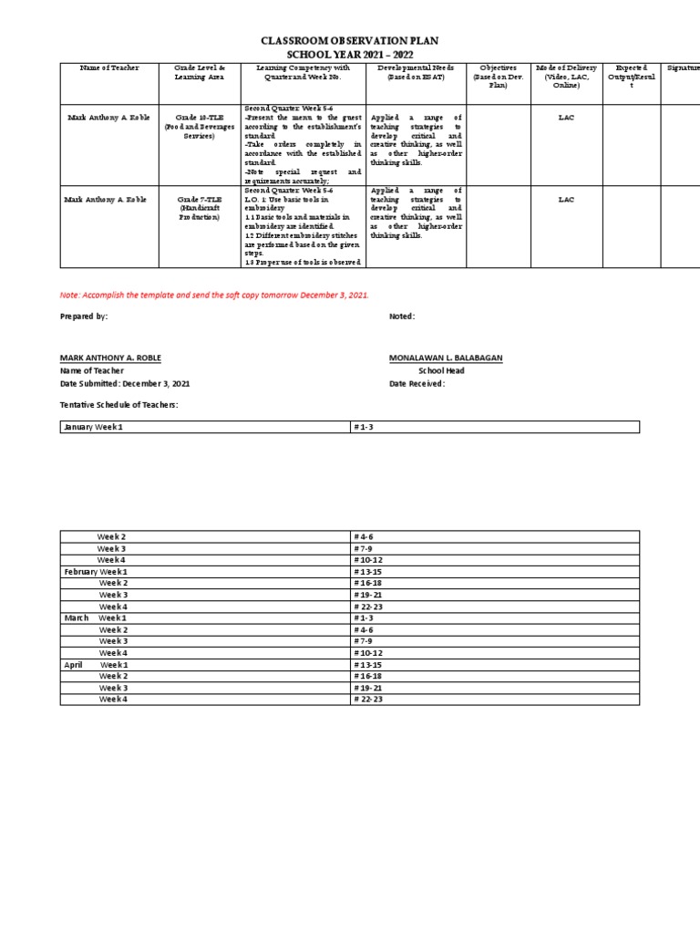 Classroom Observation Plan Mnhs Mark Anthony A. Roble | PDF | Applied ...