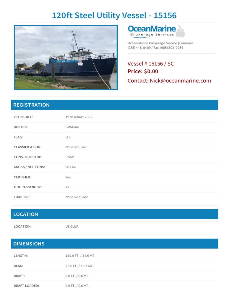 120ft Steel Utility Vessel - 15156 | PDF | Horsepower | Ships