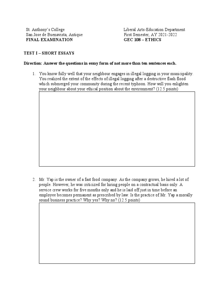 Final Examination Gec 108 - Ethics Test I - Short Essays Direction ...