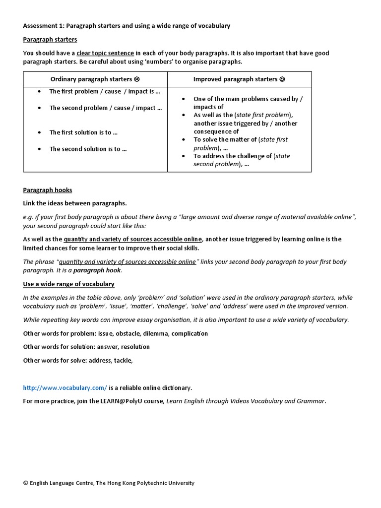 Paragraph Starters and Vocabulary Range | PDF | Vocabulary | English ...