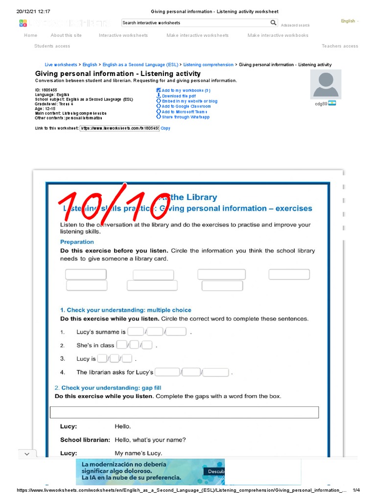 Giving Personal Information - Listening Activity Worksheet | PDF ...