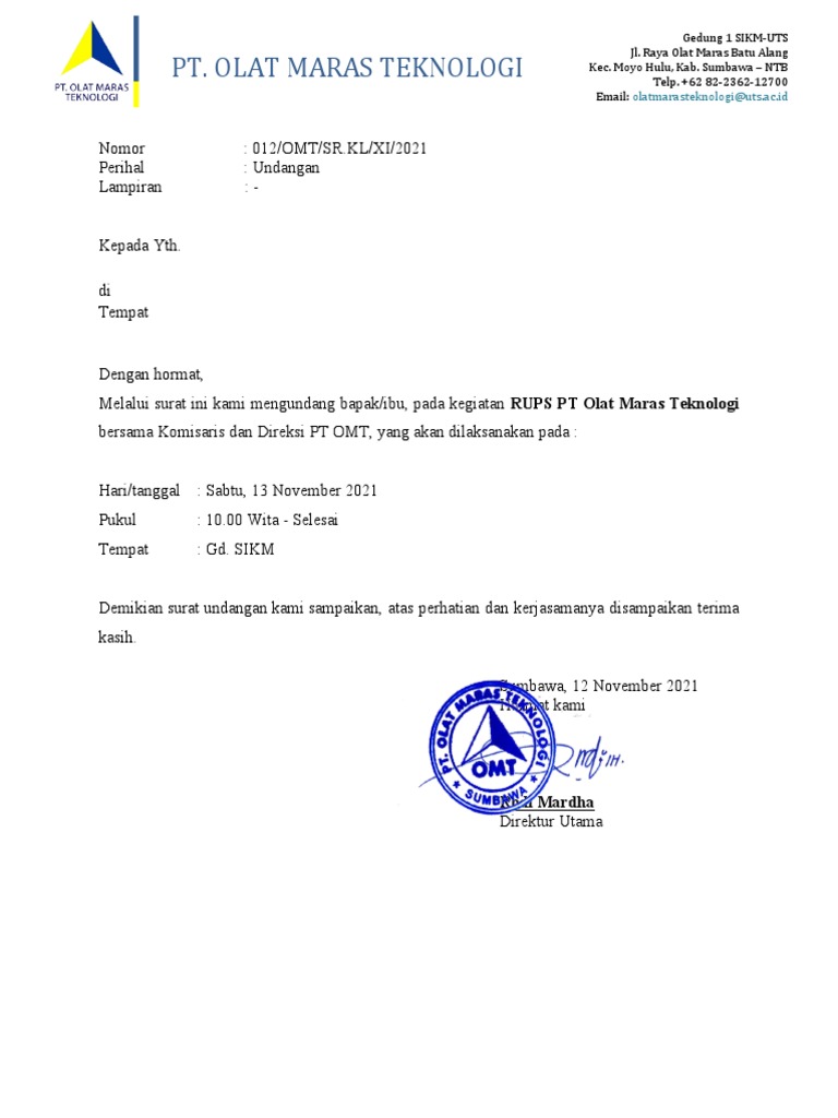 012 Surat Undangan RUPS Pembina OMT | PDF