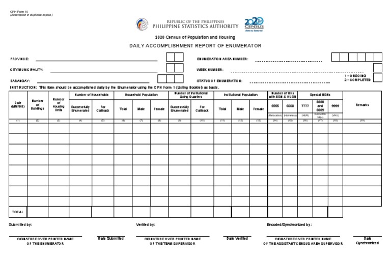 CPH Form 10 Daily Accomplishment Report of The Enumerator | PDF