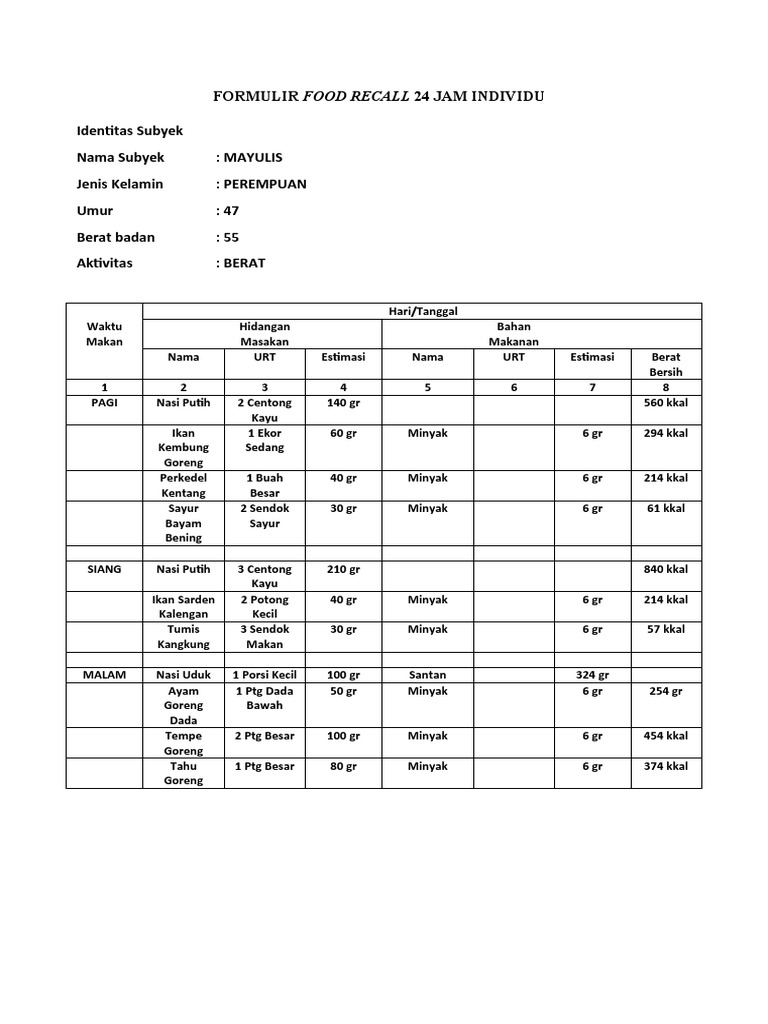 Formulir Food Recall 24 Jam Individu Data (Nisa Meilani) | PDF