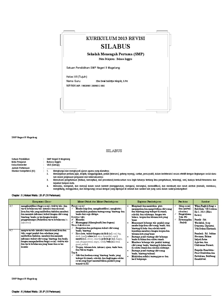 Silabus Bahasa Inggris Kelas 7 (5 Kolom) | PDF
