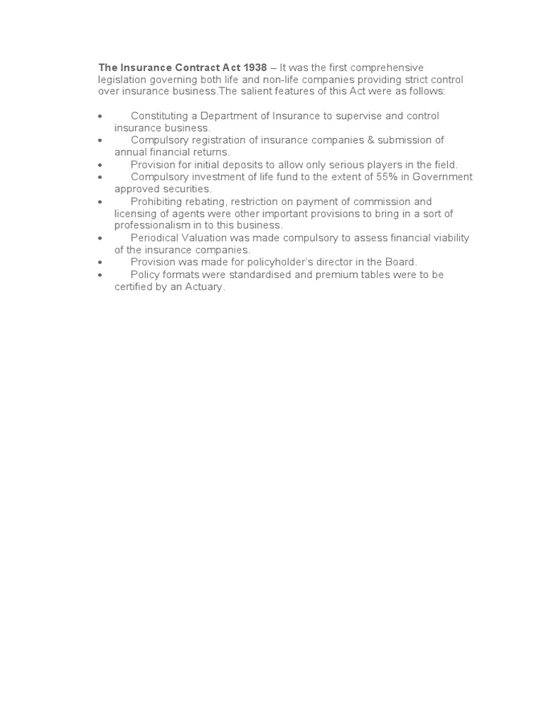 Salient Features of The Insurance Act, 1938 | PDF | Insurance | Life ...