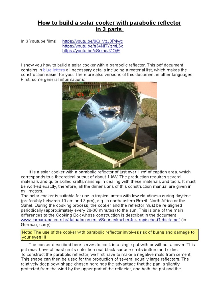 How To Build A Solar Cooker With Parabolic Reflector in 3 Parts | PDF ...