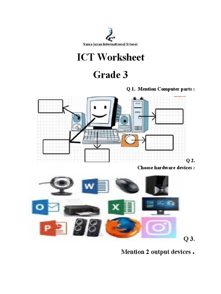 ICT Worksheet Grade 3: Q3. Mention 2 Output Devices | PDF
