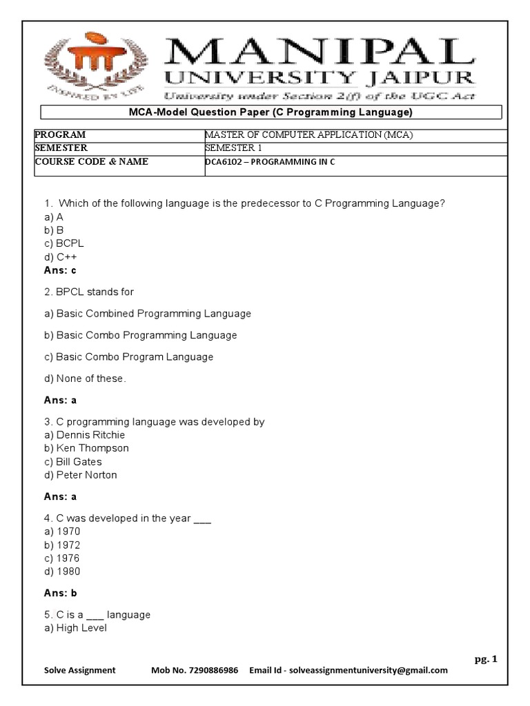 6102 C Language Mca Mcq Pdf Pointer Computer Programming C Programming Language 