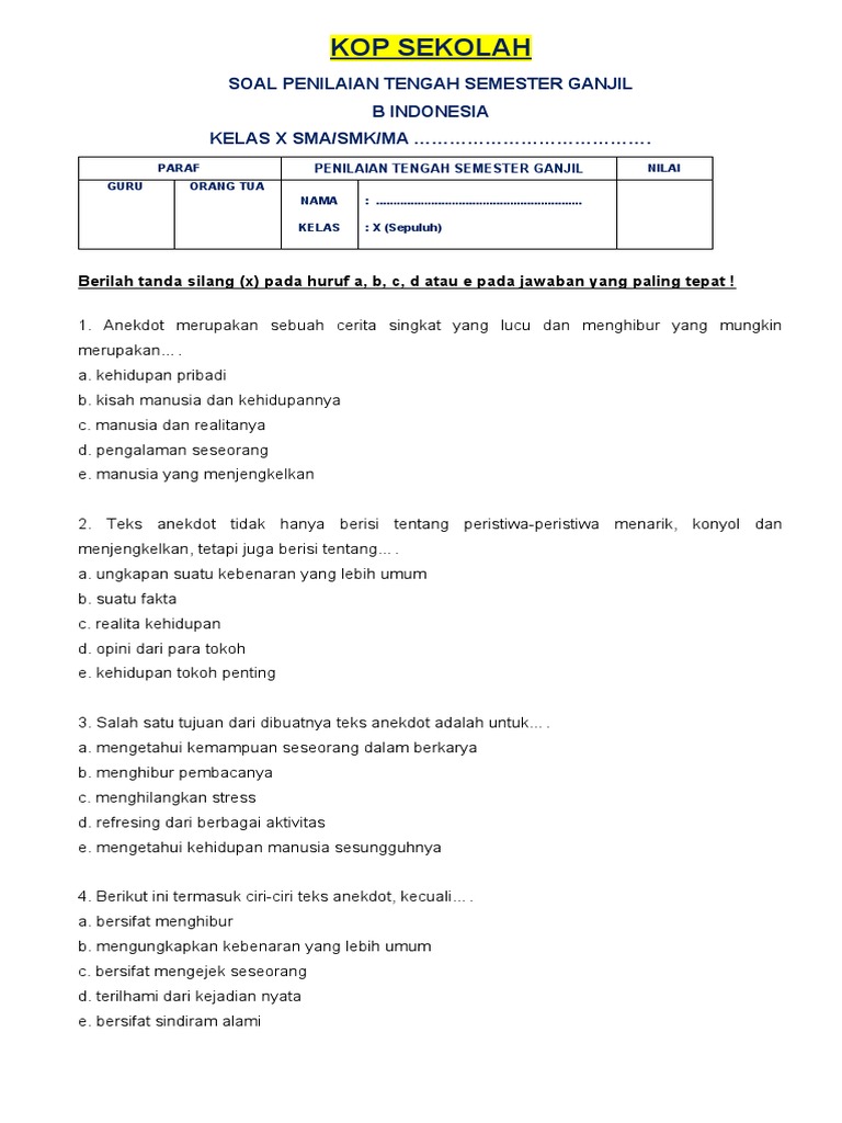 Soal PTS Bahasa Indonesia Kelas X | PDF | Seni & Disiplin Bahasa | Fiksi Umum
