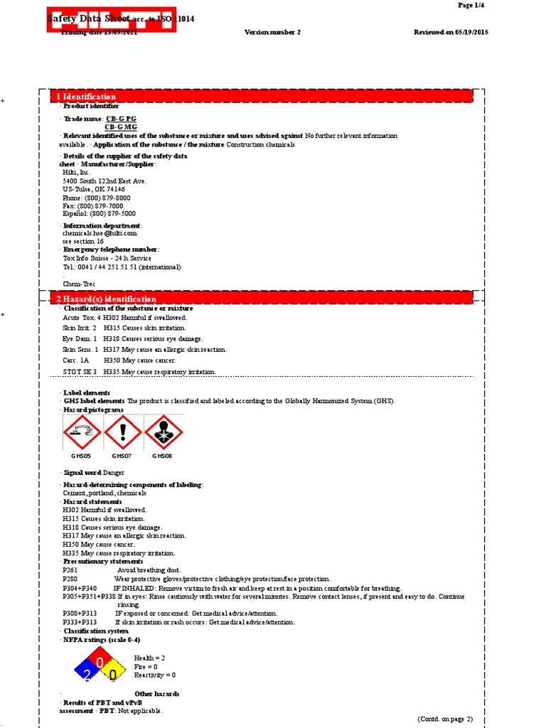 Safety Data Sheet SDS For CB-G PG Precision Grout and CB-G MG ...