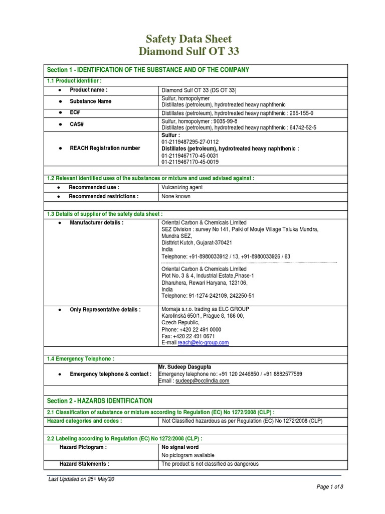 SDS - Diamond Sulph OT 33 - 2020 | PDF | Dangerous Goods | Toxicity