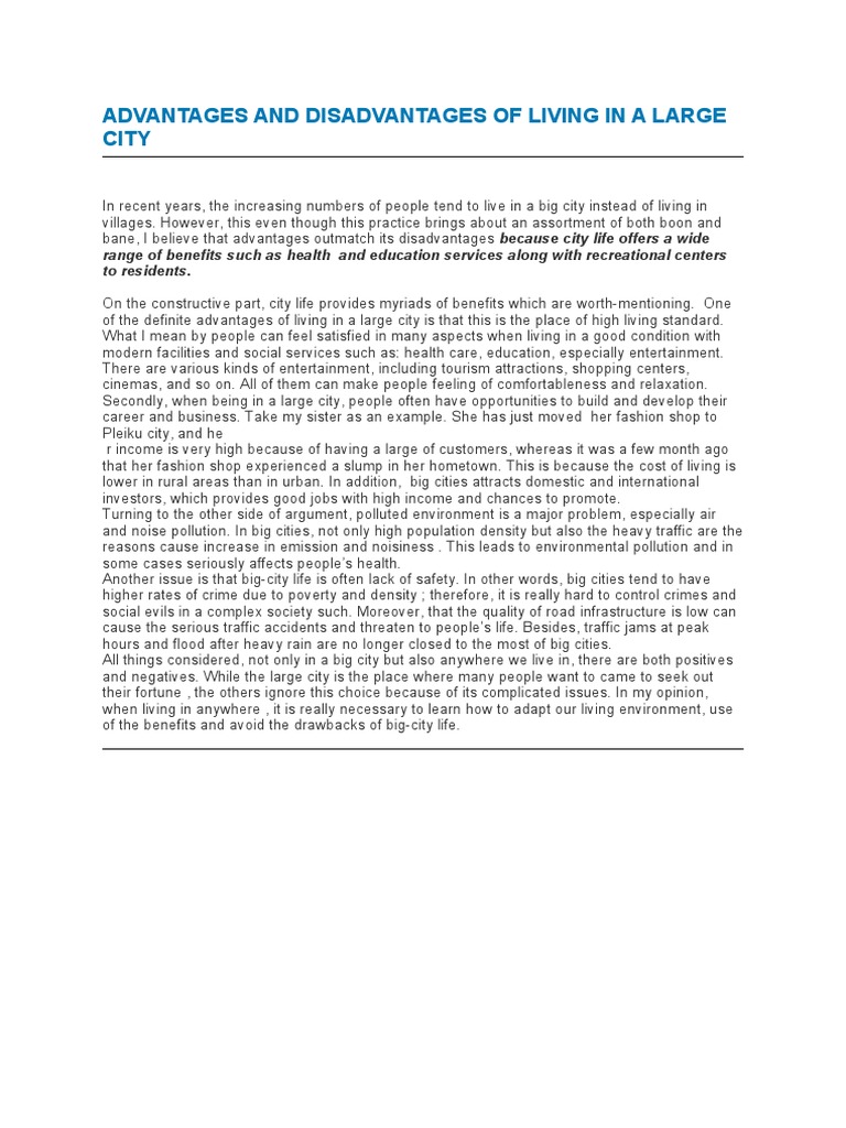 Advantages and Disadvantages of Living in A Large City | PDF ...