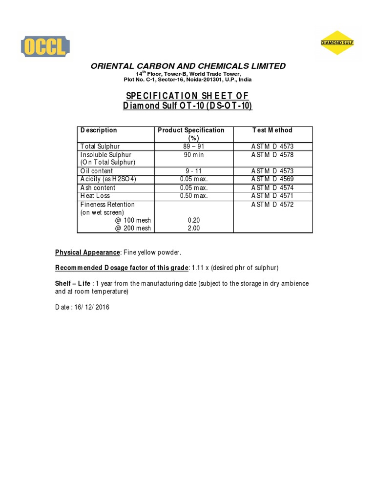 Specification Sheet of Diamond Sulf OT-10 (DS-OT-10) : Oriental Carbon ...