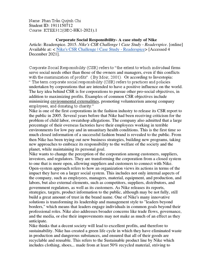 Corporate Social Responsibility-A Case Study of Nike | Download Free ...