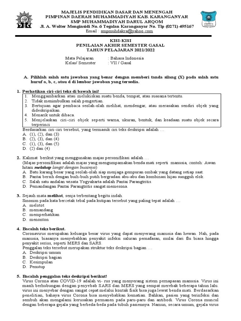 Latihan Bahasa Indonesia Pas Gasal 2021 Kelas Vii | PDF