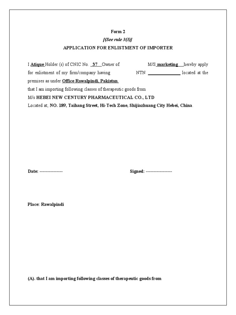Form 2 H&OTC Importer Enlistment | PDF | Dietary Supplements | Infant ...