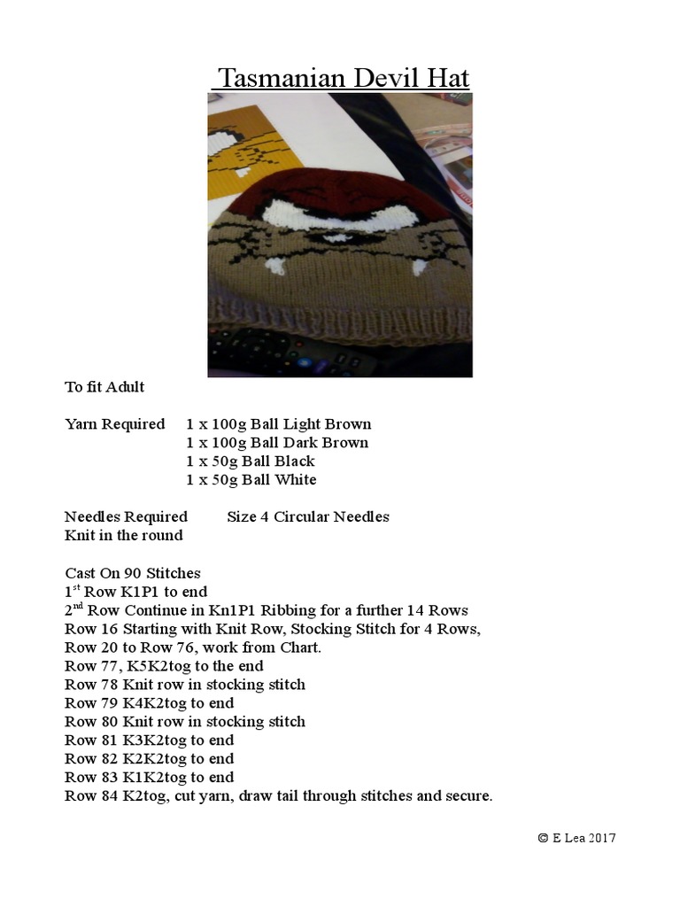 Tasmanian Devil Hat: ST ND | PDF | Knitting | Handicrafts