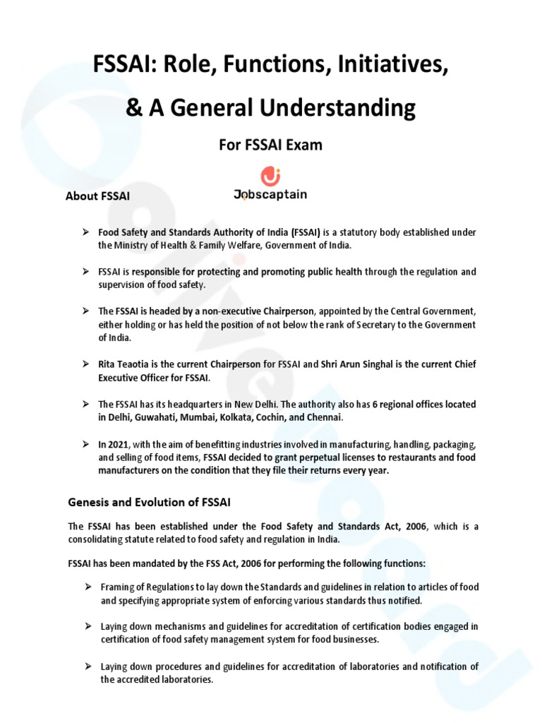 FSSAI Role Functions | PDF | Food And Drink