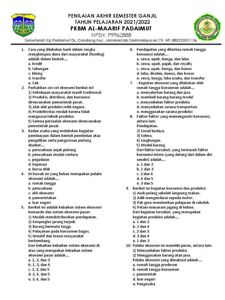 Soal Ekonomi PKBM 2021-Dikonversi | PDF | Pengelolaan Keuangan & Uang