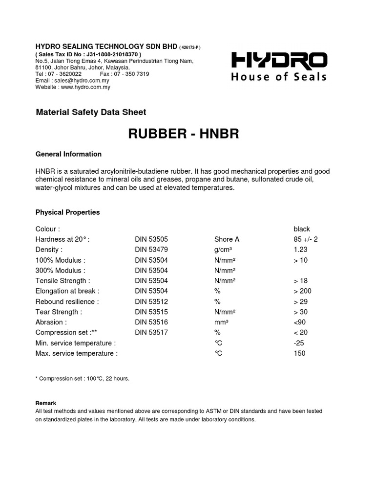 Rubber - HNBR: Material Safety Data Sheet | PDF