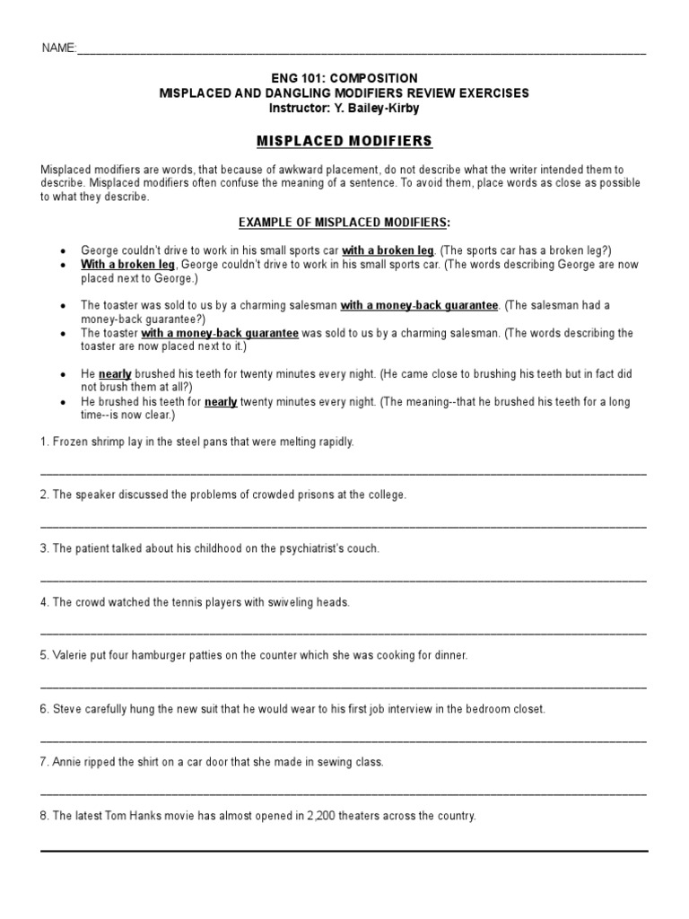 Misplaced Modifiers: Eng 101: Composition Misplaced and Dangling ...