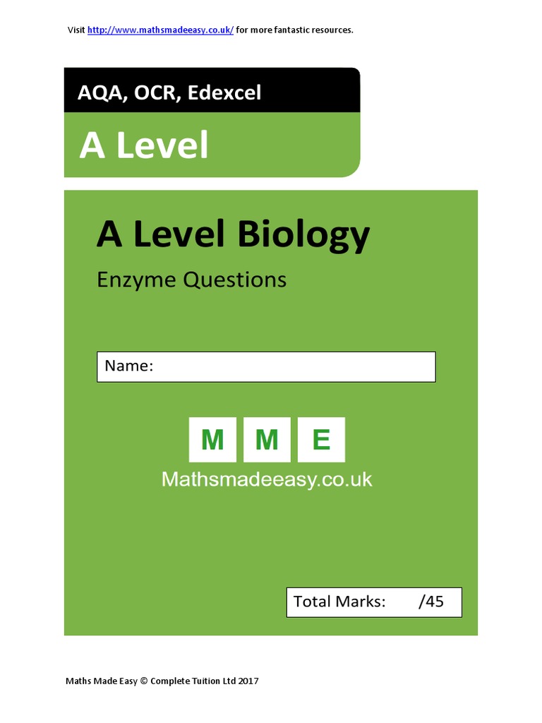 Enzymes AS Biology Questions AQA OCR Edexcel | PDF | Enzyme | Enzyme ...