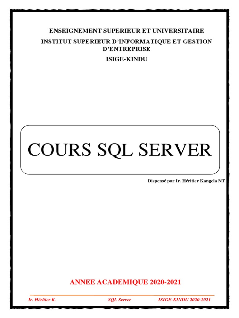 Cours de SQL SERVER | Descargar gratis PDF | Microsoft SQL Server | SQL
