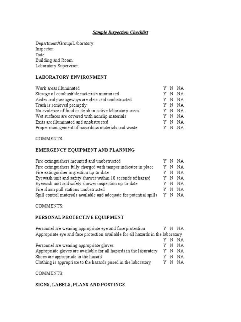 Laboratory Environment: Sample Inspection Checklist | PDF ...